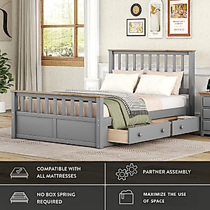 Queen Size Country Style Wooden Platform Bed Frames with 2 Storage Drawers, Modern Platform Bed with Headboard/Footboard, Noise-Free for Bedroom Boys Girls Adults Teens, Solid Wood Slat Support(Gray)