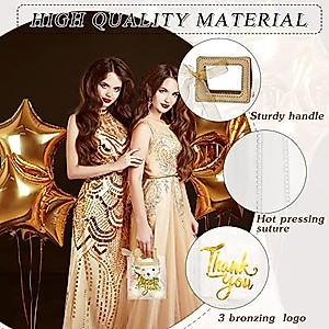 12 Pcs Clear Gift Bags with Handle Thank You Gift Handbags Transparent PVC Wrap Bags Reusable Heavy Duty Tote Bags for Bridal Party Baby Shower Wedding Birthday Favor 7 x 4 x 8 Inch (Gold)