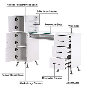 BarberPub Manicure Table, Nail Makeup Desk with Drawers, Storage Beauty Salon Workstation 2611 (White)