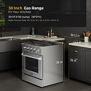 Empava Gas Range, Convection Oven 4.2 Cu. Ft with Touch Timer, 4 Deep Recessed Burners Cooktop, Heavy Duty Continuous Grates in Stainless Steel, Freestanding & Slide-in,30 Inch, 30.05 Inch