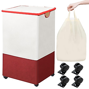 Laundry Basket with Wheels, Rolling Laundry Basket with Lid and Removable Bag, Collapsible Dirty Clothes Basket with Wheels for Bedroom, Bathroom, Dorm, Red/White