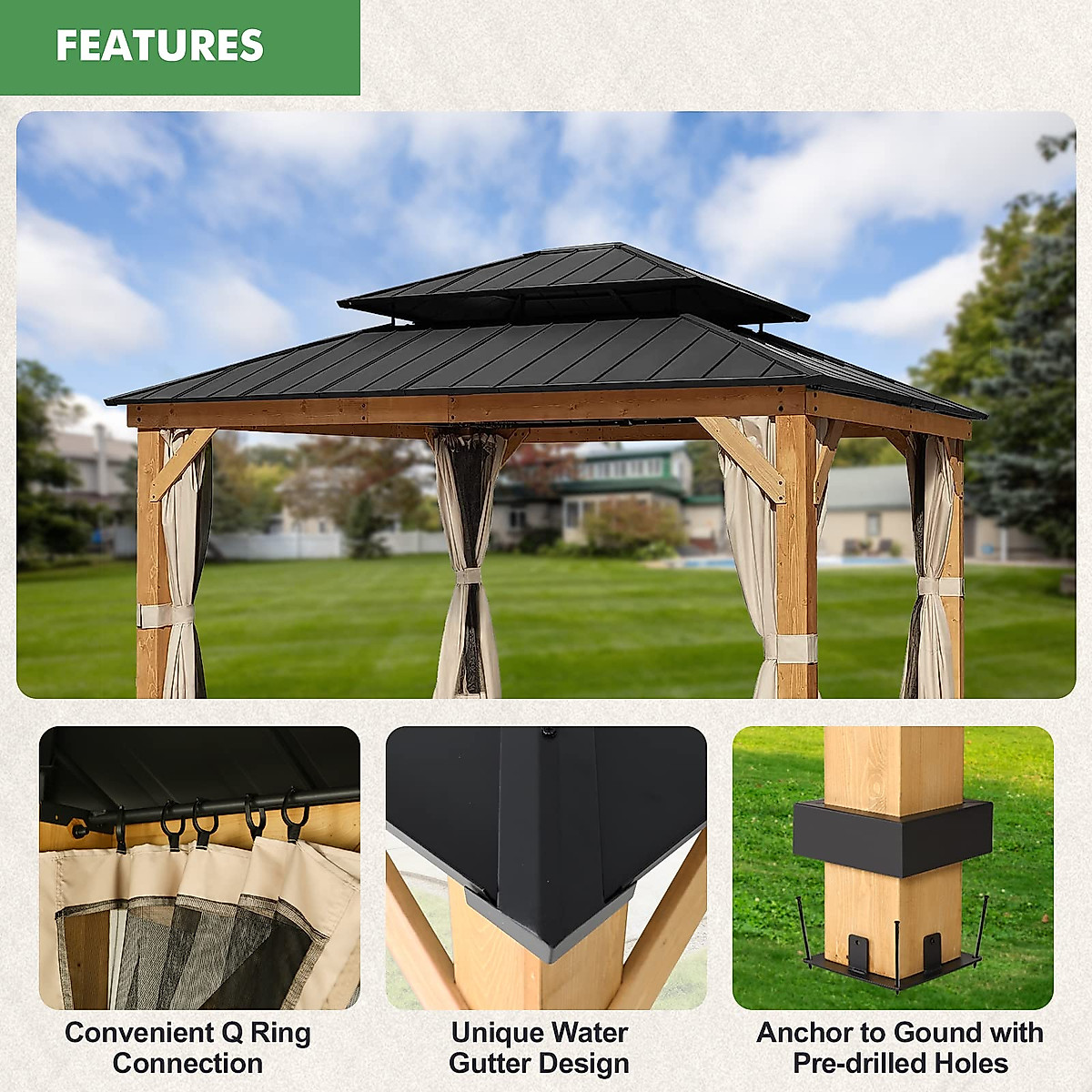 EAGLE PEAK 13x15 Hardtop Gazebo, Galvanized Steel Double Roof Gazebo with Cedar Wood Frame, Outdoor Pavilion with Netting and Curtains for Patio, Deck, Lawn and Garden, Natural Wood/Black