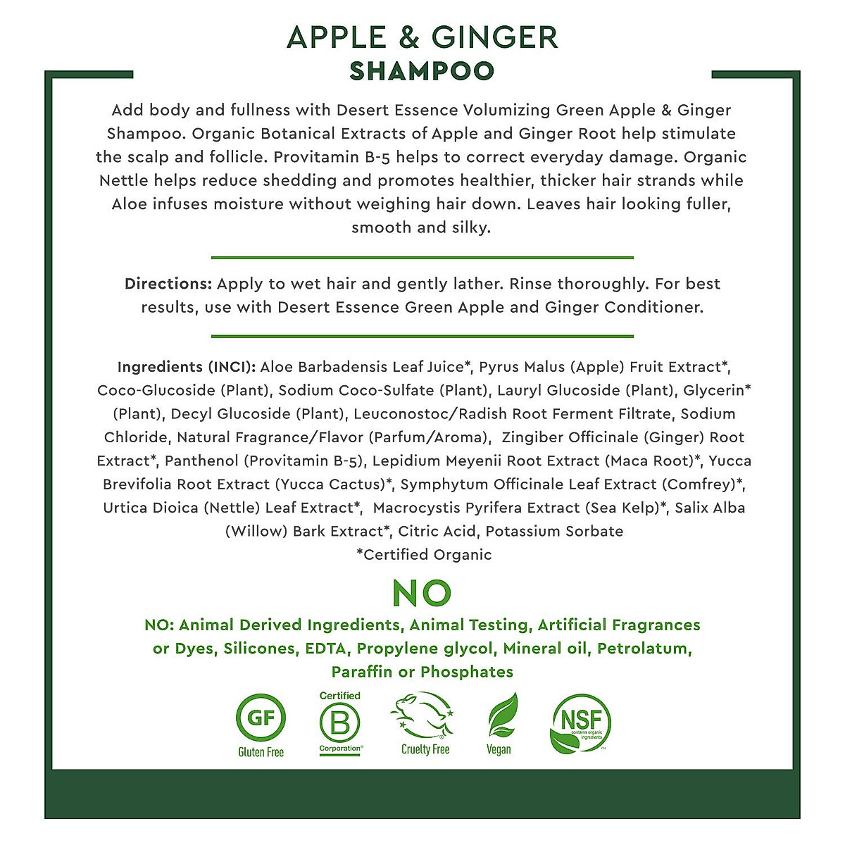 Desert Essence Green Apple & Ginger Shampoo & Conditioner Bundle - 8 Fl Ounce - Volume For Fine Hair - Natural - Deep Moisturizing - Antioxidants - Maca Root - Softer & Shinier - Smooth & Silky