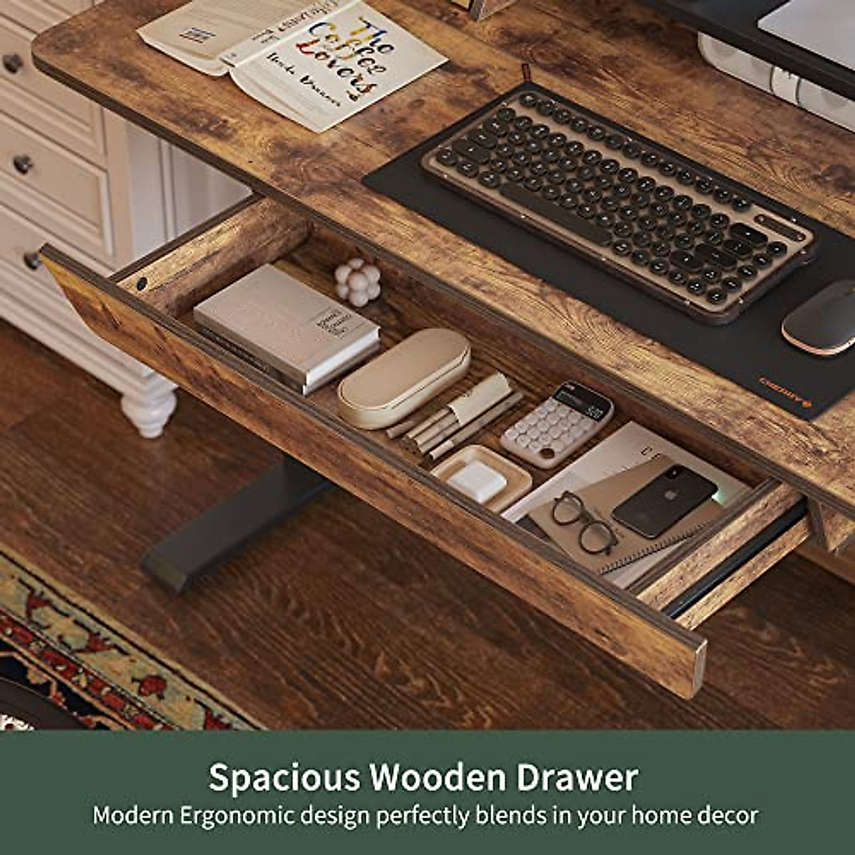 FEZIBO Electric Standing Desk, 55 x 24 Inches Height Adjustable Table, Ergonomic Home Office Furniture with 3 Drawers, Black Frame/Rustic Brown Top