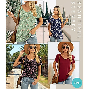 YVH Women's Tops, Tees & Blouses Summer Short Sleeve Ruffle V Neck Semi Casual Shirts for Women, Polka Dot Black, L