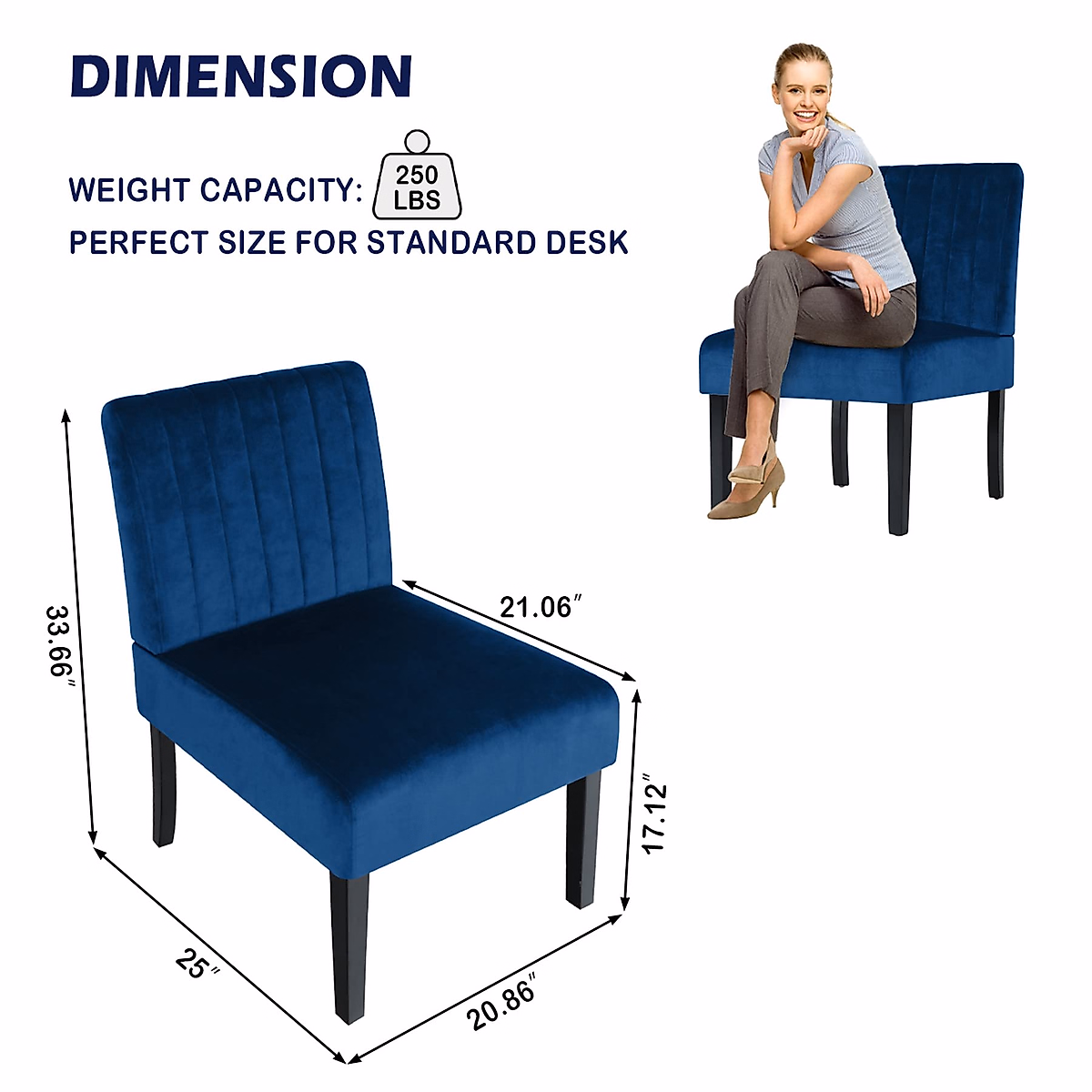 STHOUYN Modern Velvet Armless Accent Chair Decorative Slipper Chair Vanity Chair for Bedroom, Corner Side Chair Living Room Furniture Navy Blue