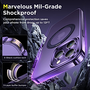 Juntone for iPhone 14 Pro Max Case with 360° Rotatable Magnetic Ring[Compatible with Magsafe][Invisible Kickstand] 12FT Military Shockproof Translucent Matte Back Slim Phone Cover 6.7", Purple