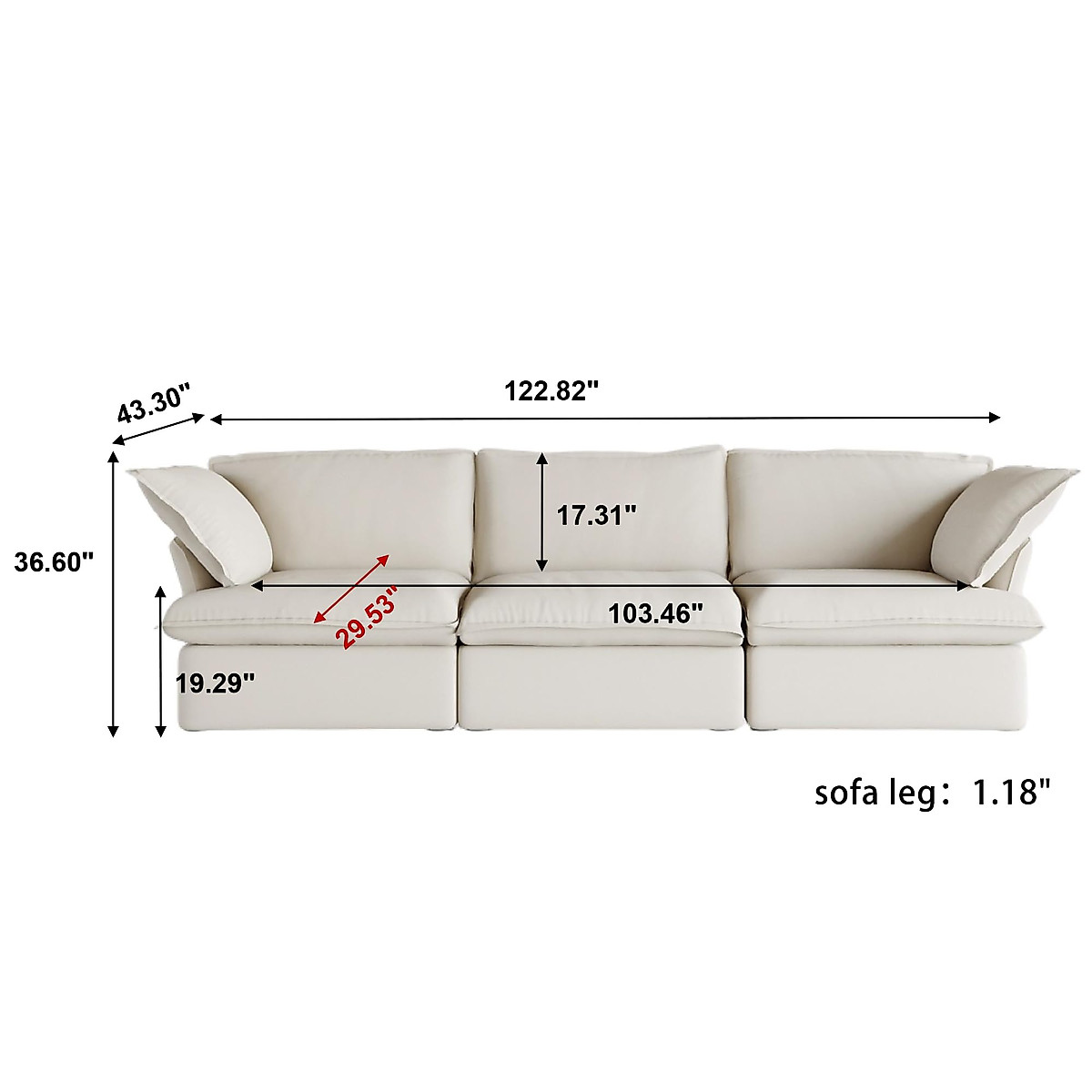Sectional Cloud Couch, 122.82" Modular Convertible Couch with Storage Ottoman, Cushion Covers Removable, Deep 3-Seat Sleeper Sofa, Comfy Upholstered Furniture for Living Room, Beige