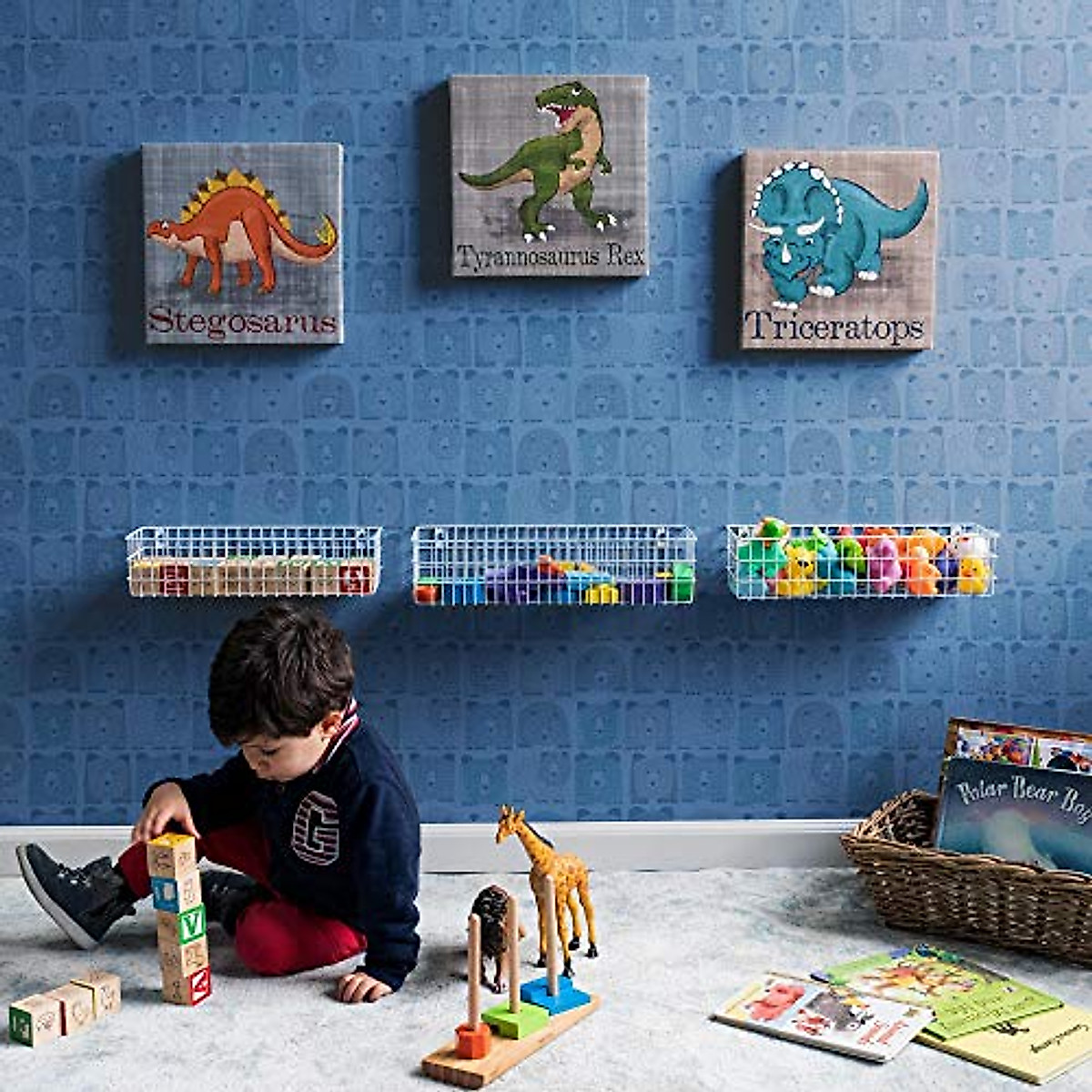 Wall35 Kansas Wall Mounted White Bookshelf for Kids' Room Decor, Metal Wire Storage Basket Set of 6 (Varying Sizes)