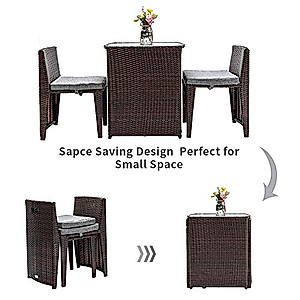Bonnlo 3 PCS Wicker Outdoor Patio Bistro Set, Patio Furniture Set for Small Space with Glass Top Table Wicker Dining Chairs, Outdoor Balcony Furniture Dining Table Set for Garden Yard Porch