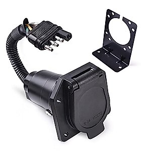 SnowyFox 4 Flat to 7 Way Round Trailer Light Adapter Plug 6-24V for Trailer RV Boat Car with Mounting Bracket