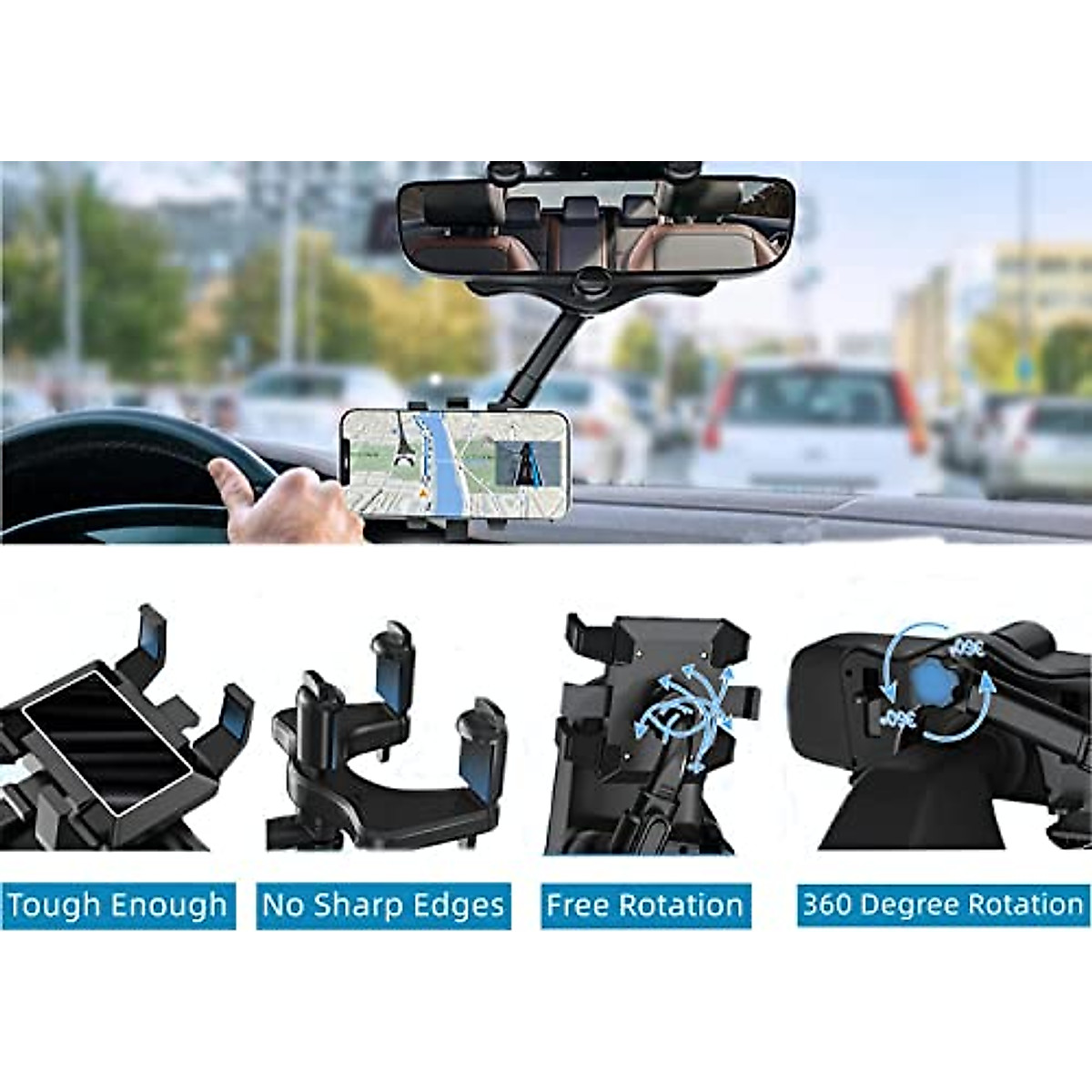 Timpou Car Phone Holder, Rearview Mirror Phone Holder, Adjustable Nagivator Holder, 360° Rotatable and Retractable Universal Car Cell Phone Holder for All Cell Phone