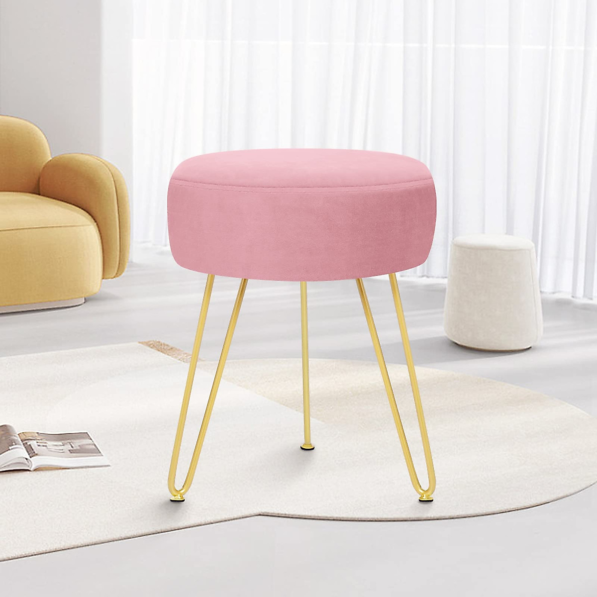 YOONIC Velvet Soft Modern Vanity Stool -Round Footrest Stool Ottoman Side Table Seat Dressing with Golden Metal Leg and Sponge Filling,Upholstered Foot Rest, for Living Room and Bedroom Pink