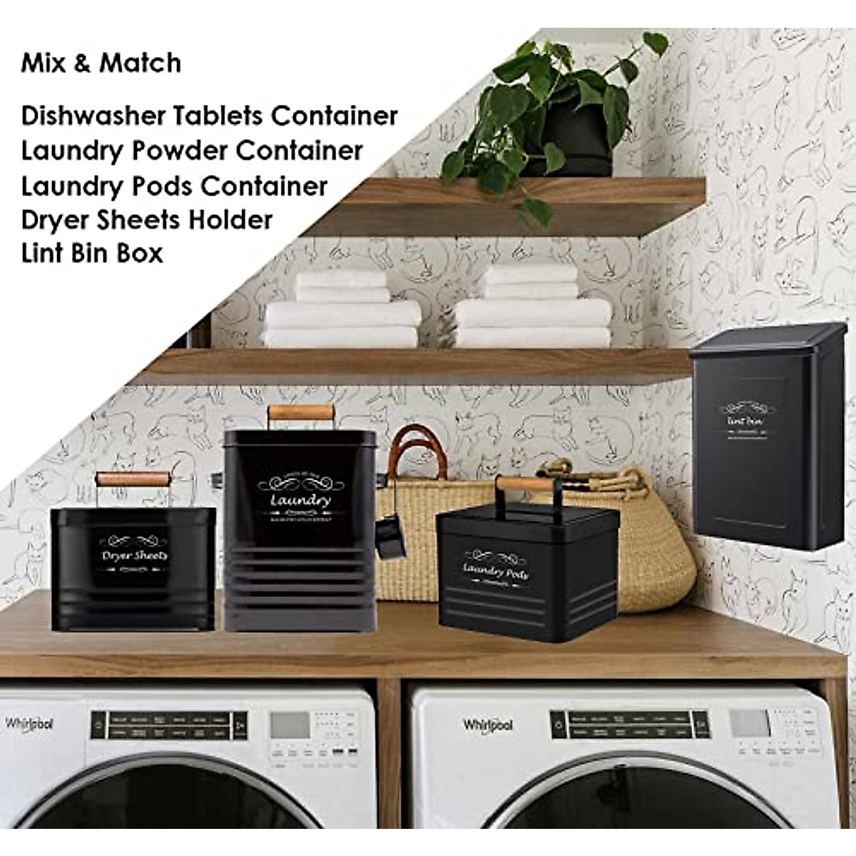 ELITAPRO Laundry Powder Container with Scoop Modern Farmhouse Laundry Powder Metal Box Dispenser with Lid Laundry Room Storage Decor and Accessories (Black)