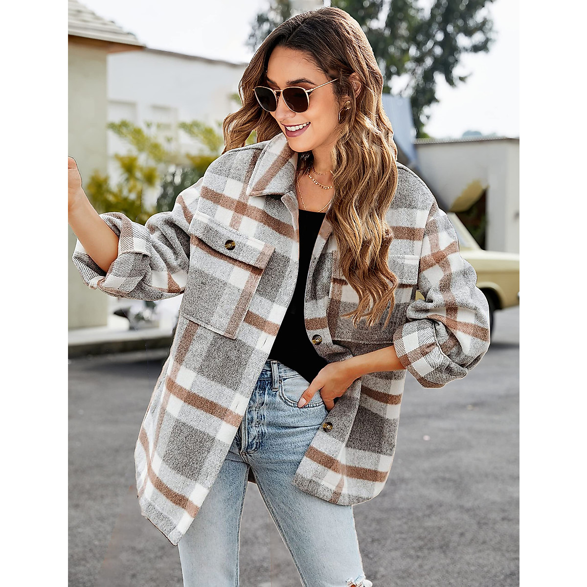 Meyhad Womens Flannel Plaid Jacket Long Sleeve Button Down Pocketed Shirts Coats Shacket (0002-KhakiX1-L)