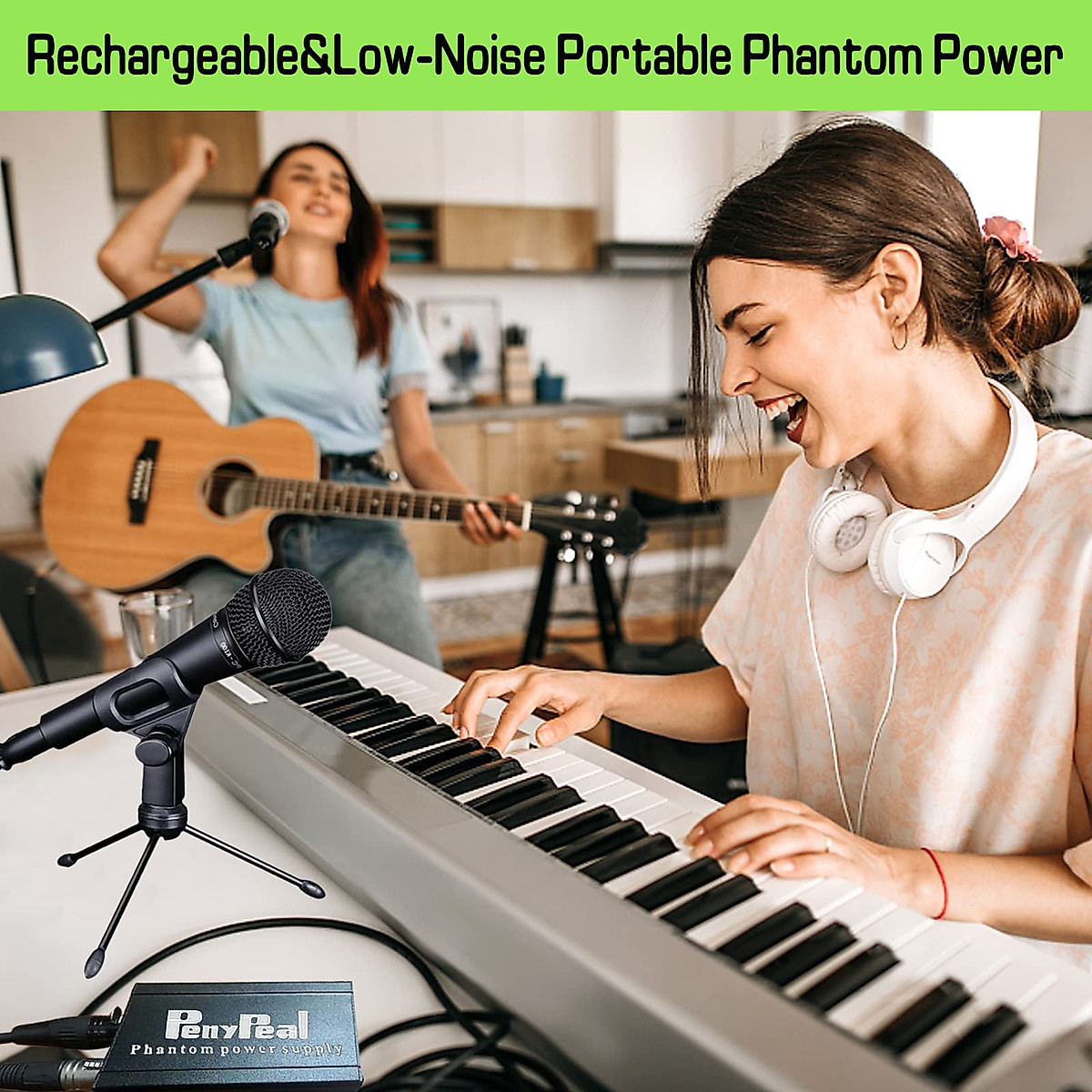 penypeal Rechargeable Phantom Power Supply 48V 1-Channel Up to 40 Hours of Use, Low Noise for Any Condenser Microphones, Recording, Audio Equipment, black (PT2)
