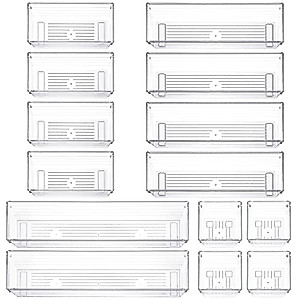 Fixwal 14pcs Drawer Organizer Set, 4-Size Clear Plastic Drawer Organizers Trays Bathroom Organizers Dresser Storage Bins Separation Box for Makeup, Kitchen Utensils, Jewelries, Gadgets, Bathroom