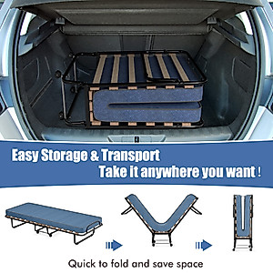 KOMFOTT Folding Rollaway Bed with Mattress, Foldable Bed with Memory Foam Mattress for Adults, Portable Fold Up Guest Bed with Sturdy Steel Frame on Wheels for Home & Office, Made in Italy (Navy Blue)