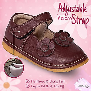 Little Mae's Boutique Mary Jane Brown Three Flower Squeaky Shoes for Toddler Girls, Ideal Toddler Walking Shoes with Removable Squeaker and Adjustable Strap - Flexible Sole Baby Shoes (4)