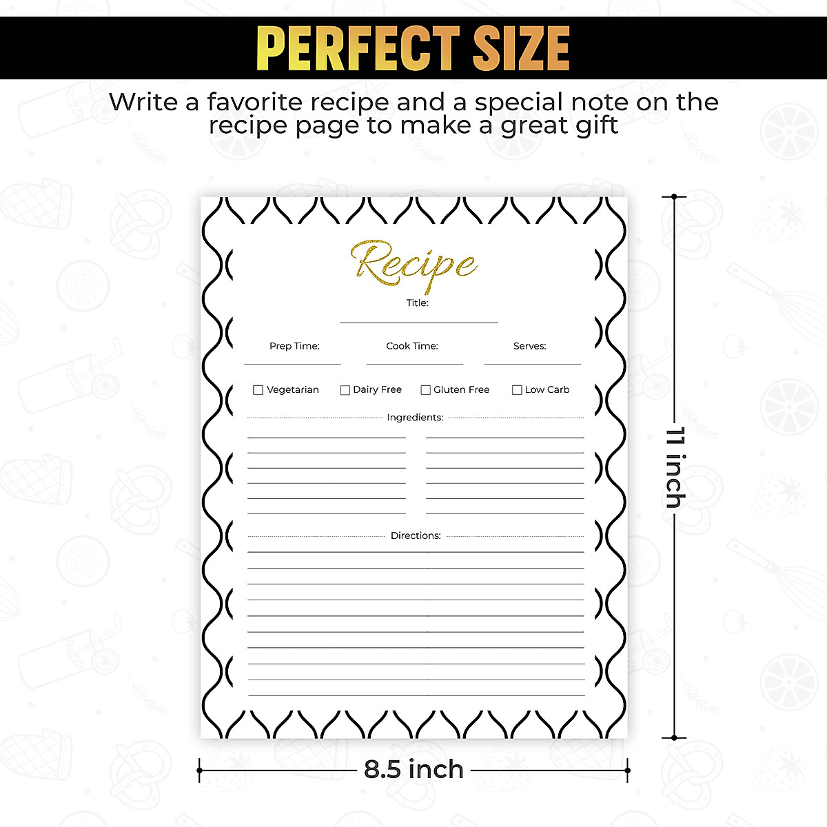 Primis3 Premium Recipe Binder Refills for 8.5" x 11" Recipe Binders, Sleek, Minimalist Design 50 Sheets Full-Size Recipe cards for your Favorite Recipes Binder, Matte Paper, Spill-Proof Sheet Covers