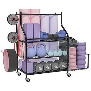 AOMOTA Home Gym Storage, Weight Rack for Home Gym, Yoga Mat Holder，Dumbbell Rack for Home Gym, Gym Rack for Home Gym with Extra Side Storage Space for Dumbbells, Kettlebells, Resistance Bands and More
