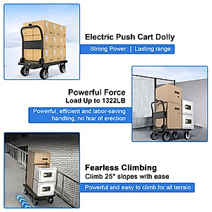 Electric Push Cart Dolly, Moving Platform Hand Truck, 1322 lb Weight Capacity, 20KM Range, Foldable, 360 Degree Swivel Wheels, Black (with Fence, 35.4 * 23.6inch)