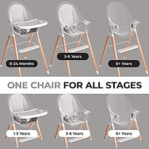 Children of Design 6 in 1 Deluxe Wooden High Chair for Babies & Toddlers, Modern Safe & Compact Baby Highchair, Easy to Clean & Assemble Removable Tray & Cushion, 6 Options 3 Seat Positions 2 Heights