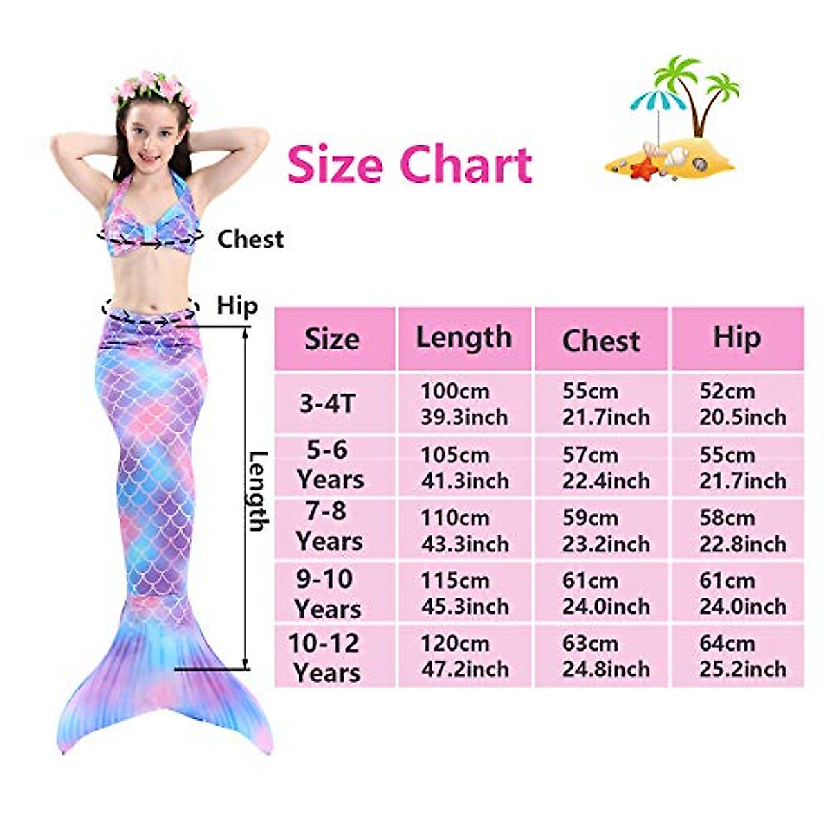 5Pcs Girls Swimsuit Mermaid Tails for Swimming Kids Bikini Costume Sets with Flower Headband (No Monofin) (DH48-P,7-8 Years)