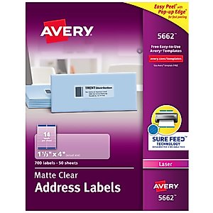 Avery Printable Address Labels with Sure Feed, 1-1/3" x 4", Matte Clear, 700 Blank Mailing Labels (05662)