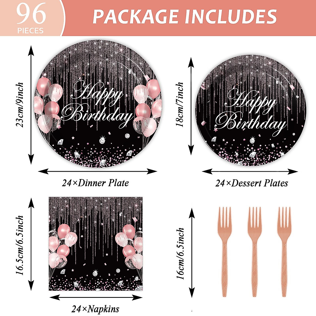 chiazllta 96 Pcs Black Rose Gold Party Disposable Paper Plate and Napkins Pink Rose Gold Birthday Party Table Decoration Supplies Pink Glitter Party Paper Plate Napkin Fork for Party Favors 24 Guests