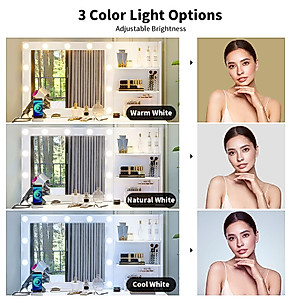 VOWNER Vanity with Lights - 47" Makeup Vanity Desk with Power Outlet, Storage Shelves and 6 Drawers, 3 Color Lighting Modes with Adjustable Brightness, Makeup Desk with Stool for Women Girls, White
