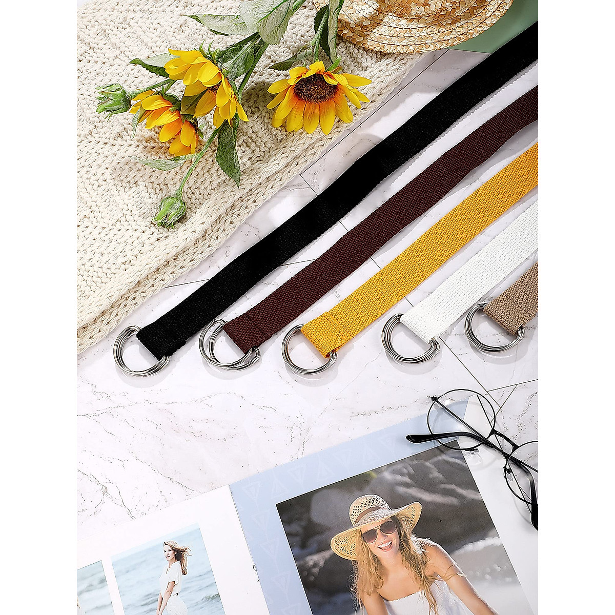 Geyoga 5 Pieces Canvas Belts D Ring Web Belt for Men Women, Fabric Belt with Double Buckle for Pants Skirts Shirts Christmas Favor