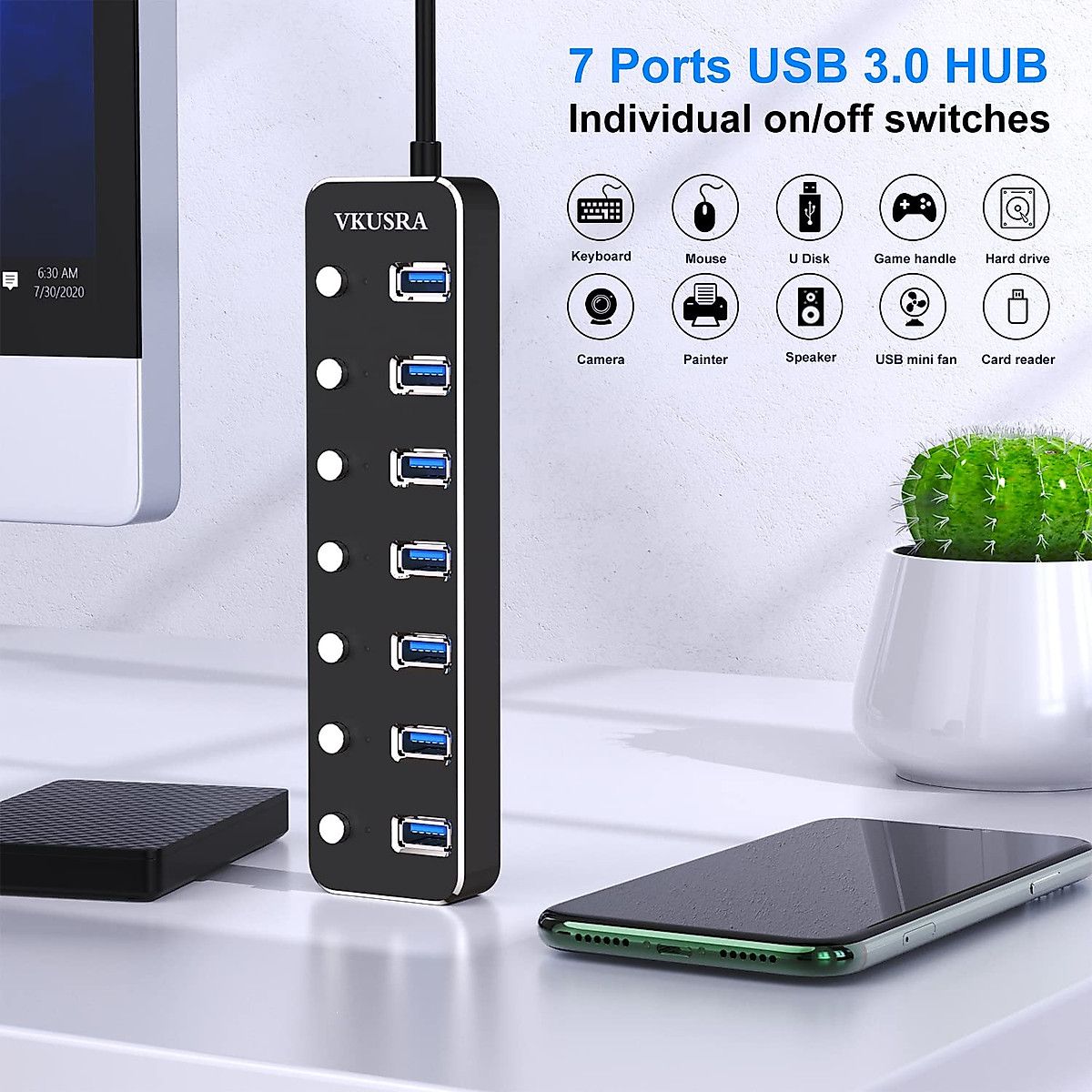 USB Hub, VKUSRA 7 Port USB Hub 3.0 with 4ft USB Long Cable, and Aluminum USB 3.0 Hub with Individual On/Off Switch and LED Indicator, USB Splitter for Laptop & PC, Power Adapter Not Included