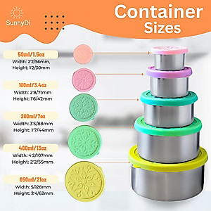 304 Stainless Steel Lunch Box Containers for Kids with Lunch Bag, Leakproof Stainless Steel Round Food Storage Containers with Silicone Lids, Metal and Nesting Snack Containers, Set of 5 sizes, kF033