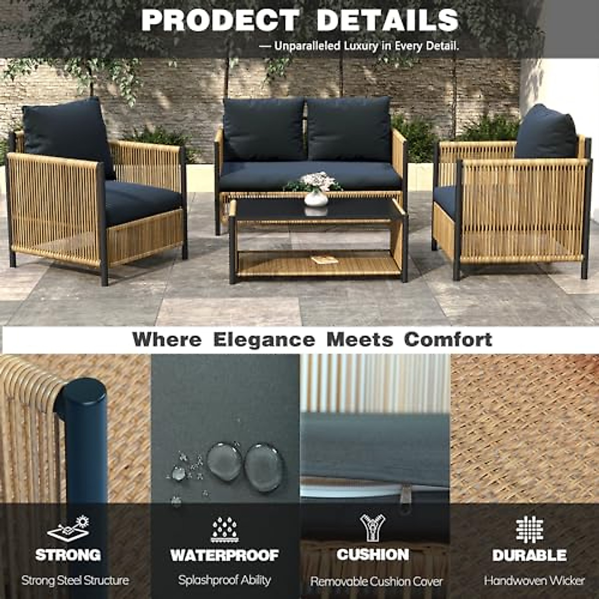 Breezluxe 4-Piece Patio Furniture Set Outdoor Furniture with Thick,Removable & Washable Cushion,Patio Conversation Sets for Backyard Porch Balcony (2 Armchair+Loveseat+Table)