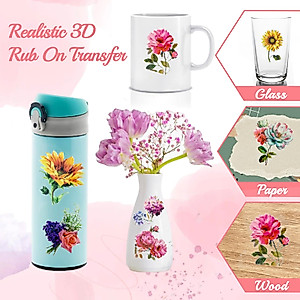 6 Sheets Floral Rub On Transfers for Crafts, 5.5 x 4 Inch Rub On Transfers Stickers, Flower Rub-On Transfers Decals for DIY Wood Paper Water Bottle