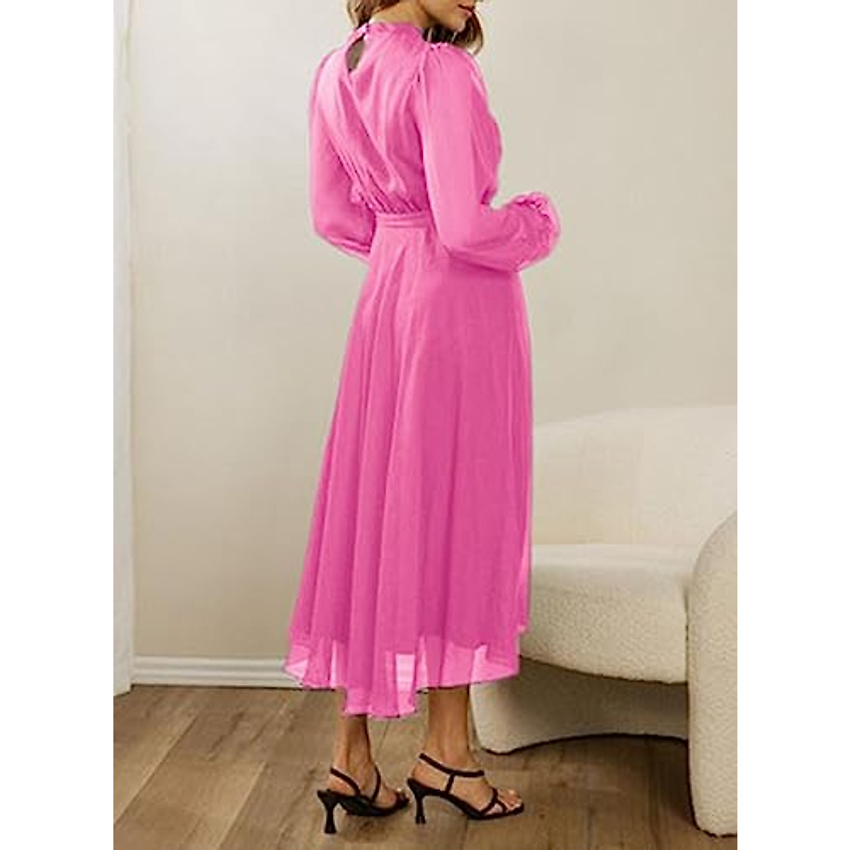 Dokotoo Womens Fall Cocktail Dresses for Women 2023 Long Puff Sleeve Tie Waist Mock Neck High Waist A-Line Casual Birthday Evening Party Formal Midi Dress Pink X-Large