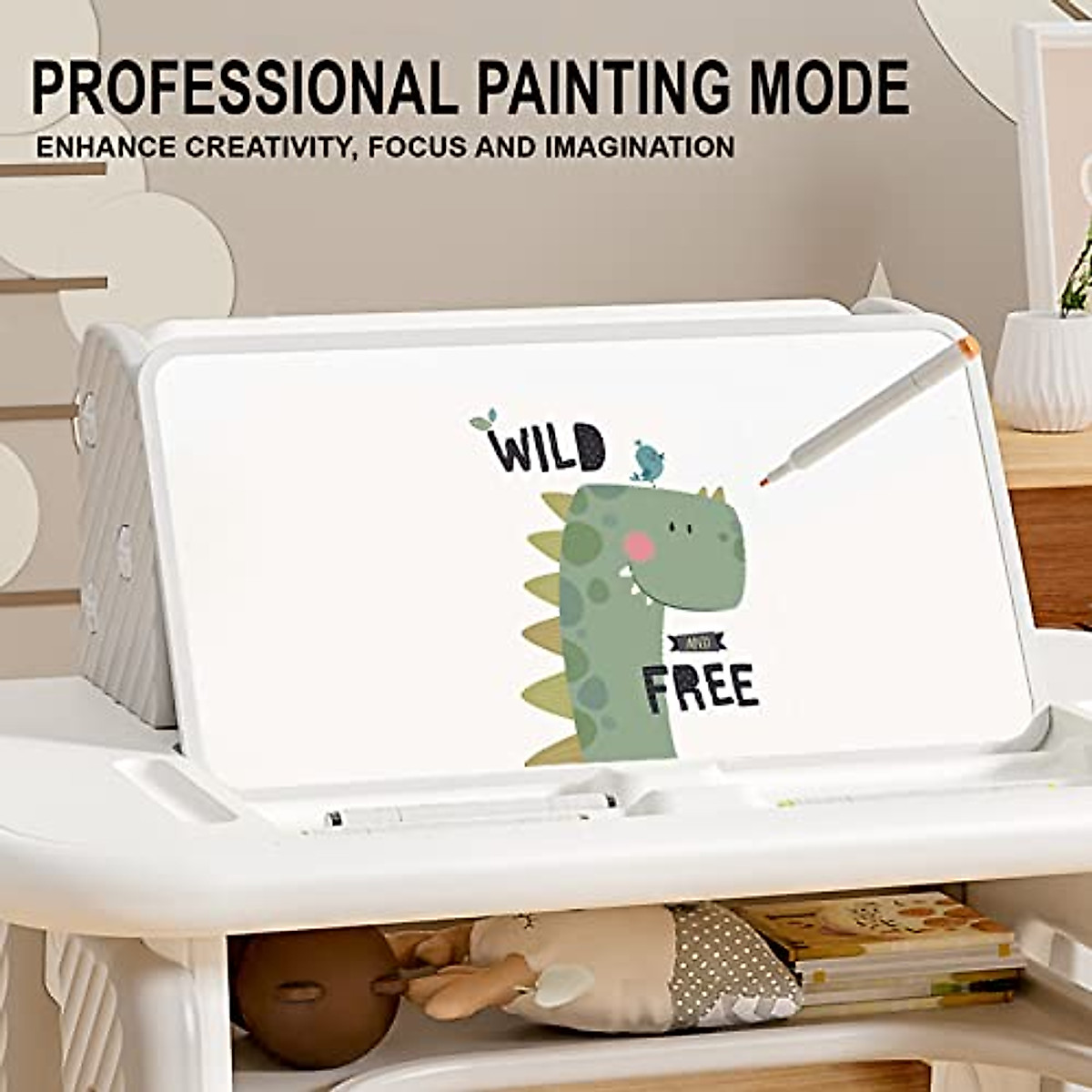 Kids Functional Desk and Chair Set with Storage Space,Adjustable Height, Ergonomic,Easy to Wipe Graffiti Table and Chairs for Children Reading,Drawing,Eating,Studying,Parent-Child Interaction