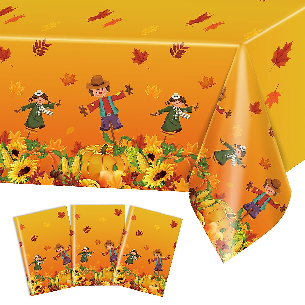 Avezano 3 pcs Fall Tablecloth Autumn Tablecloth Disposable Thanksgiving Plastic Tablecloths Scarecrow Pumpkin Maple Leaf Fall Tablecloths for Rectangle Tables, 108x54 Inch