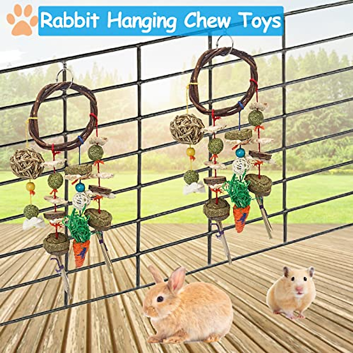 Grddaef Rabbit Chew Toys, Bunny Cage Hanging Toys Rattan Ring Treats Grinding Teeth for Rabbit Guinea Pig Chinchilla Hamster Ferret