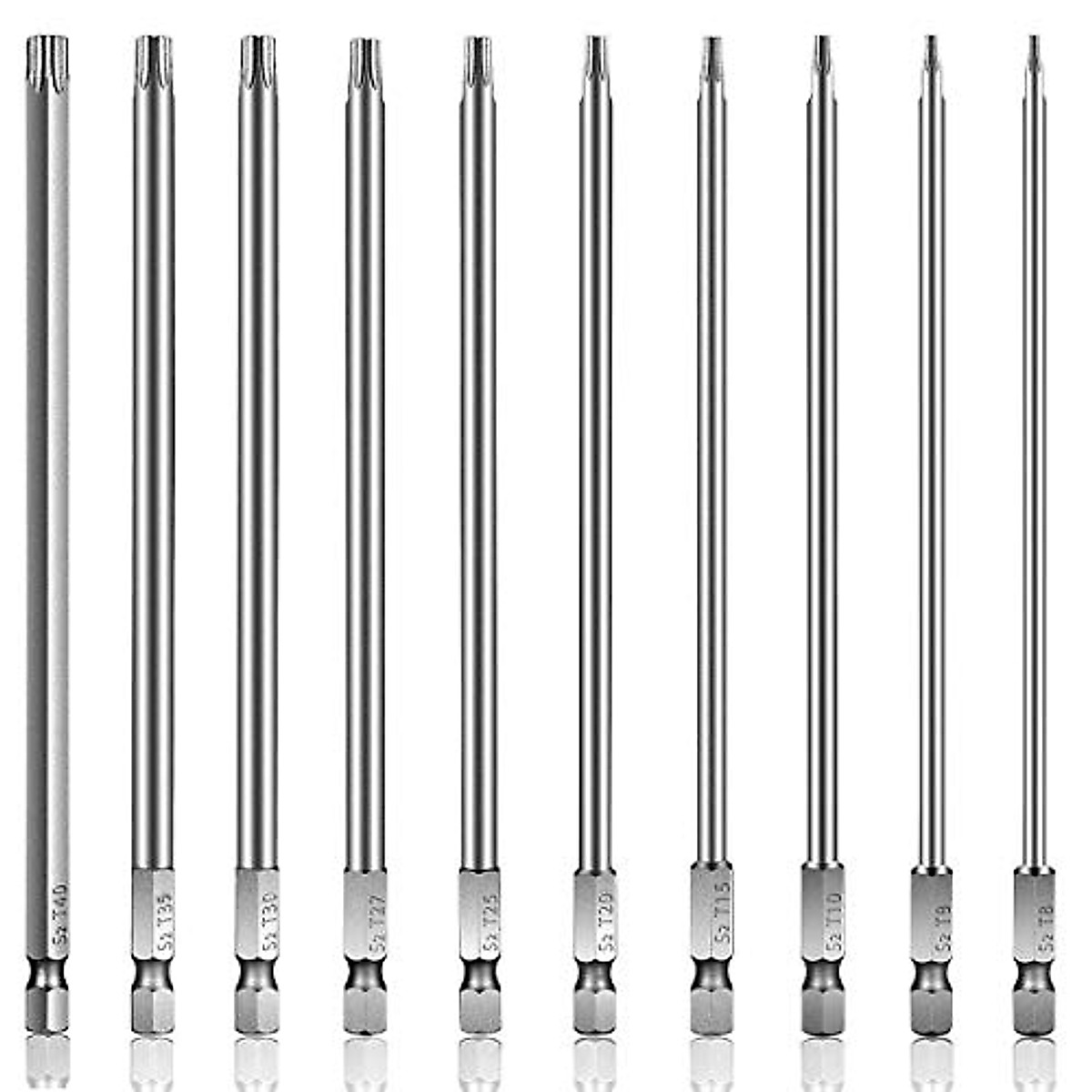 Rocaris 10pcs 6 In T8 - T40 Security Torx Bit Set - Torx Star Drive Security Screws - S2 Steel, 1/4 Inch Hex Shank - Fit All Standard Bit Holders Air and Power Tools