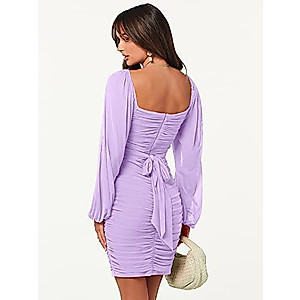ANRABESS Women's Sexy V Neck Ruched Bodycon Mini Dress Puff Long Sleeve Cocktail Wedding Party Short Dresses 955danzi-S Purple