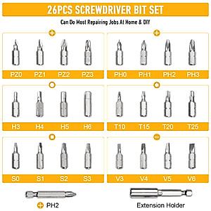 KREBS 4V Electric Screwdriver, Cordless Screwdriver Kit, 5Nm with 25 pieces Electric Screwdriver Bits Kit, 1500mAh, LED Flashlights, Bit Holders and Storage box, Power Screwdriver