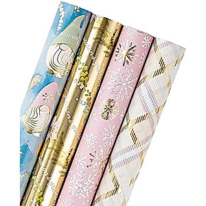 WRAPAHOLIC Christmas Wrapping Paper Roll - Gold and Purple Pastel Gnome Elf Holiday Collection with Metallic Foil Shine - 4 Rolls - 30 Inch X 120 Inch Per Roll