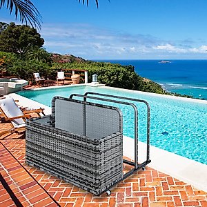 IDEALHOUSE Outdoor Storage, Patio Poolside Float Storage Basket,Double Layer Poolside Float Storage, Storage Box, PE Rattan Outdoor Pool Caddy with Rolling Wheels for Floaties,Beach-Sturdy,Grey