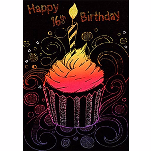 Designer Greetings Cupcake with Red and Orange Frosting on Black Age 16 / 16th Birthday Card