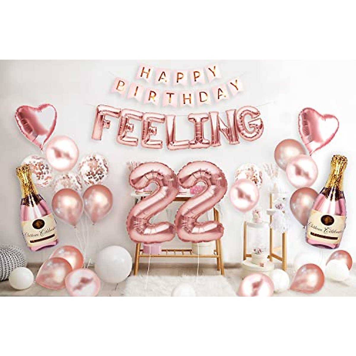 PartyForever 22nd Birthday Decorations for Women and Girls Rose Gold with Birthday Banner and Digit Balloons Including Text Balloon Letters Party Supplies for Her