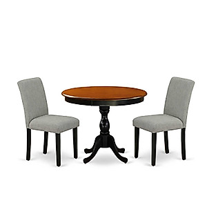 East West Furniture AMAB3-BCH-06 3 Piece Dining Table Set for Small Spaces Contains a Round Kitchen Table with Pedestal and 2 Shitake Linen Fabric Upholstered Chairs, 36x36 Inch, Black & Cherry