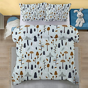 YULEEE Mushroom Duvet Cover Twin Size - Green Bedding Set, Floral and Plants Comforter Cover Set with Zipper Closure for Woman Adult Girls Boys, 1 Twin Duvet Cover with 2 Pillowcases