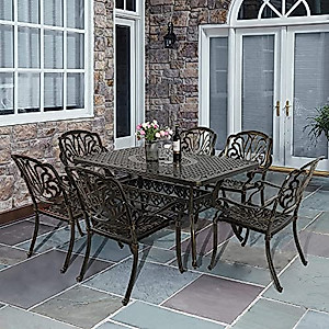 VIVIJASON 7 Pieces Cast Aluminum Outdoor Furniture Dining Set, Include 6 Chairs and a Rectangle Table with 2" Umbrella Hole, Patio Conversation Set for Lawn Garden Porch